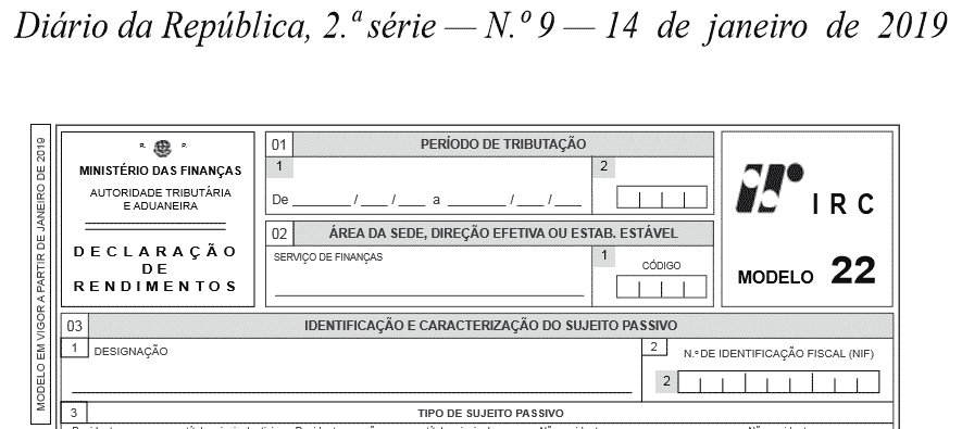 Novo Modelo 22 para 2019 - IRC - Economia e Finanças
